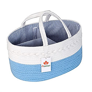 Large Baby Diaper Caddy Organizer Blue 100% Cotton Rope Basket Nursery Storage Bin Portable for Changing Table/Car Hanging Travel Bag Tote Newborn Registry Must Have Baby Boy Shower Gift Basket