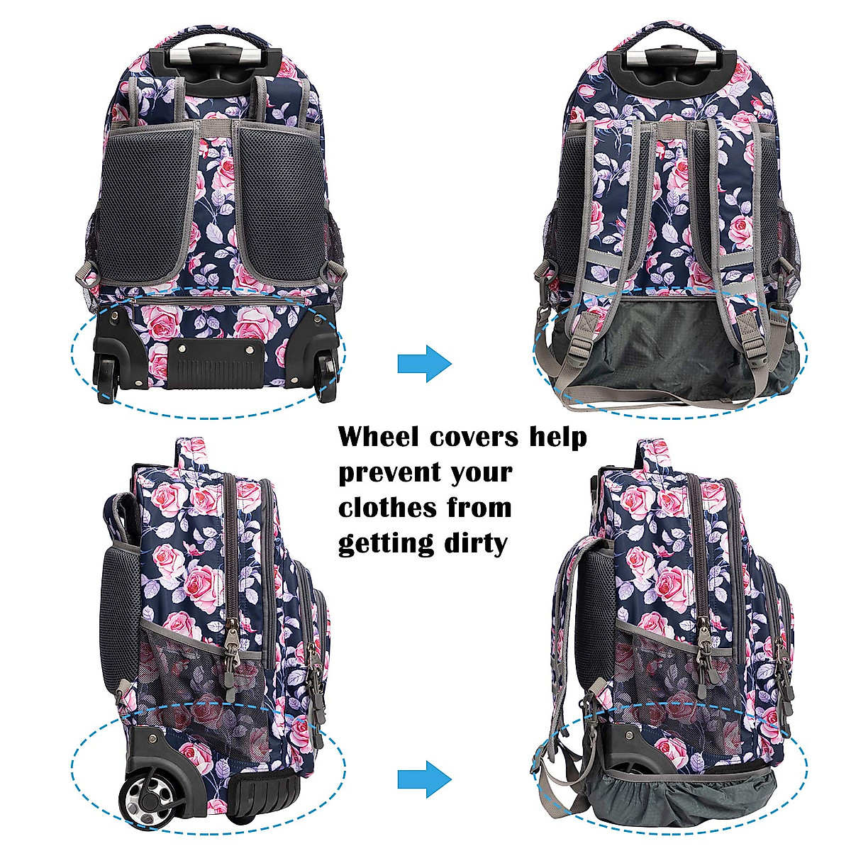 SKYMOVE 18 inches Wheeled Rolling Backpack Multi-Compartment College Books Laptop Bag Business Trip Carry-on, Pink Flower