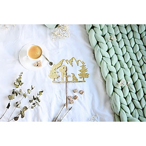 Outdoor Wedding Cake Topper Bride & Groom with Dog Backpacking Wedding Party Decor Mountain Trees Outdoor Themed Wedding Cake Decorations Gold Glitter