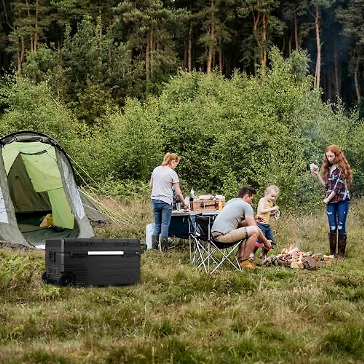 Newair Portable 80 Qt. Electric Car Camping Cooler with 4 Battery Protection Modes, Dual Zone Fridge and Freezer Storage, Retractable Handle, Outdoor Wheels and Rugged Construction