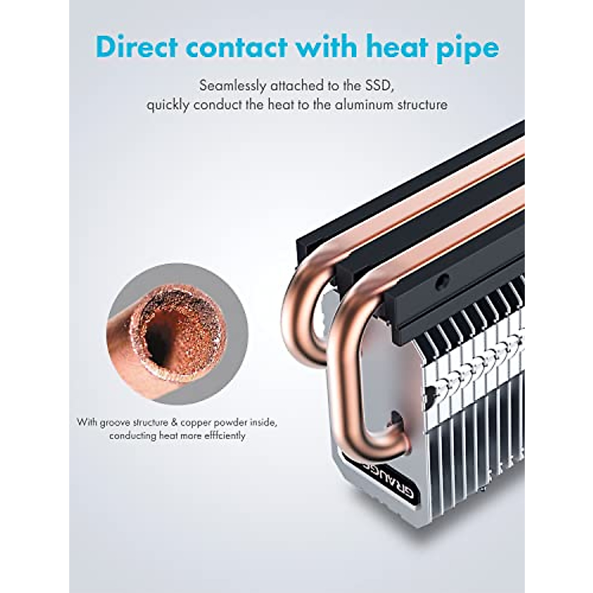 GRAUGEAR M.2 2280 SSD Heatsink, Direct-Touch Heat of Dual Copper Heat Pipes, 25 mm Cooling Fan Built-in PWM Control, Aluminum Plate-Fin Design, Thermal Pads incl. Cooler for M.2 NVMe/SATA[G-M2HP04-F]