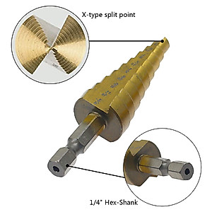 Qjaiune Titanium Step Drill Bit Set 3 Pcs 28 Sizes in One Kit, 1/4" Hex Shank for Soft Metal, Wood, Plastic