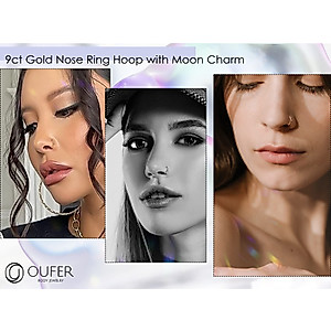 OUFER 20G Nose Rings Hoops, 9K Solid Gold Seamless Open Nose Rings, Moon Design Cartilage Earrings, Nose Piercing Jewelry for Women and Men