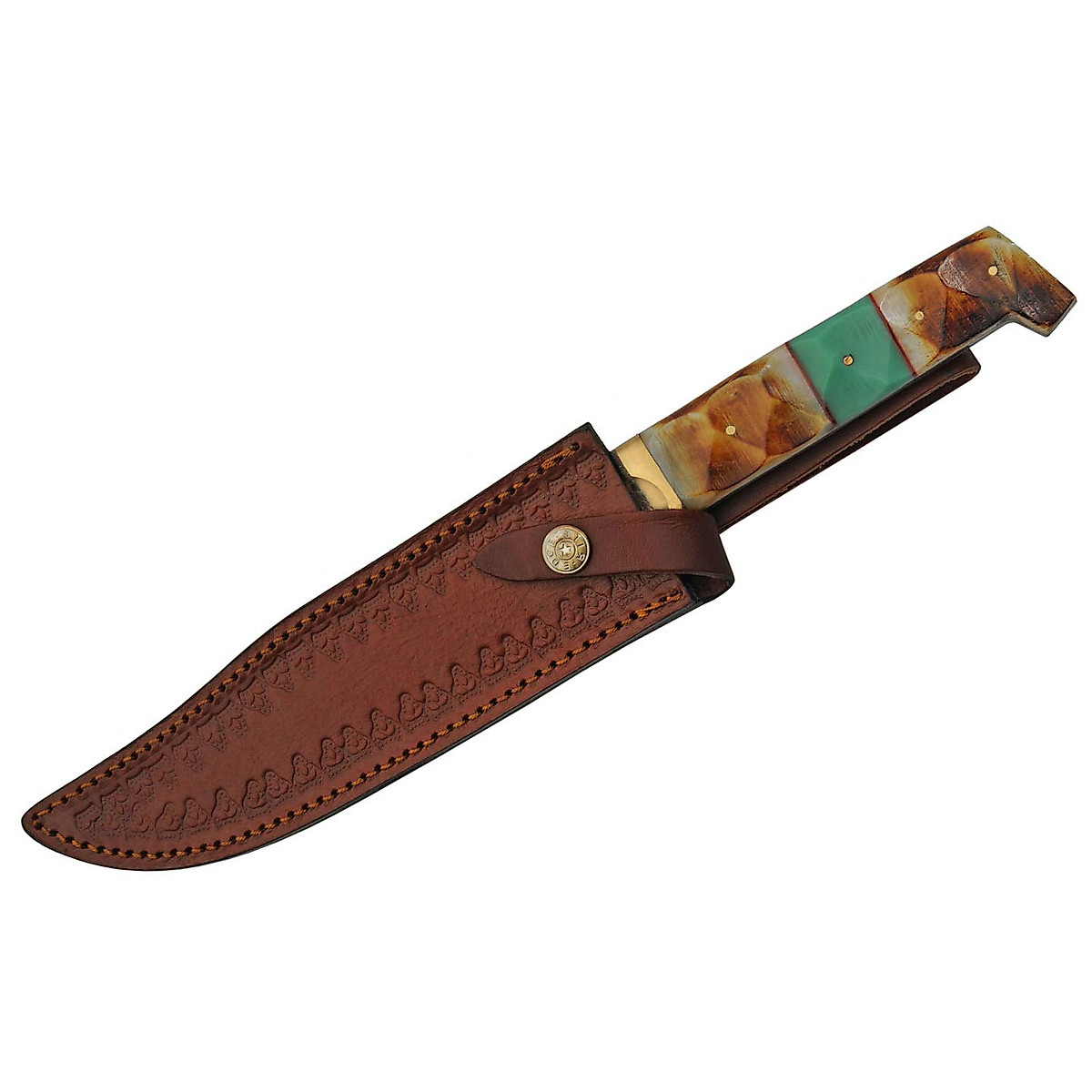 Szco Supplies 13"" Bone/Turquoise Handle Damascus Steel Bowie Blade Knife with Sheath, brown/turquoise (DM-1256)