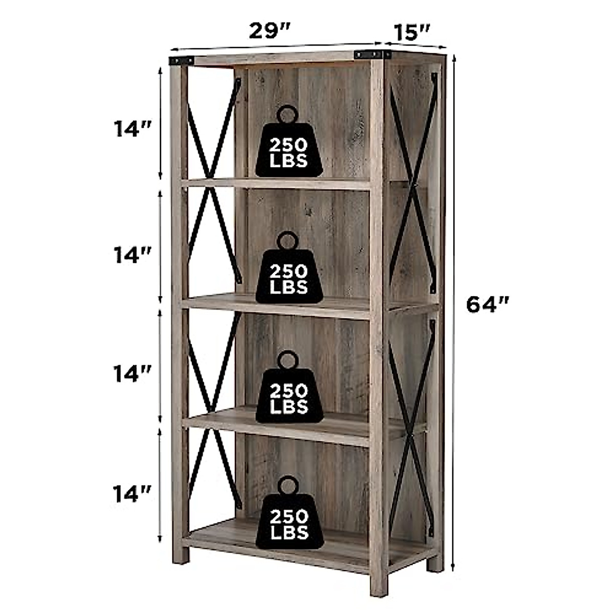 AMERLIFE 4-Tier Bookshelf, Set of 2 Tall Industrial Book Shelf, Rustic Wood & Metal X Frame Farmhouse Bookcase & Bookshelves, for Living Room, Bedroom, Grey Wash