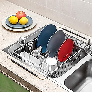 ARCCI Expandable Dish Drying Rack Over The Sink, Large Capacity Sink Dish Rack Drainer Plate Organizer Shelf with Removable Utensil Holder, Dish Drainer Rack for Kitchen Counter, Inside Sink