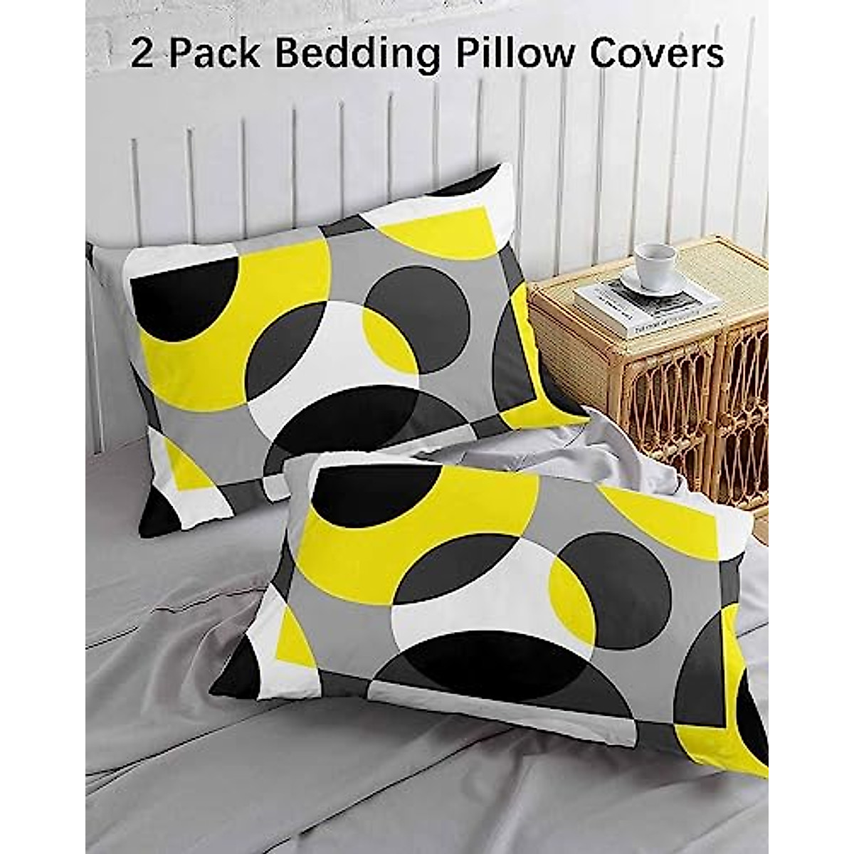 Yellow Black Grey Pillow Covers Standard Size Set of 2 Bed Pillow, Modern Geometric Abstract Art Aesthetics Plush Soft Comfort for Hair/ Skin Cooling Pillowcases with Envelop Closure 20''x26''