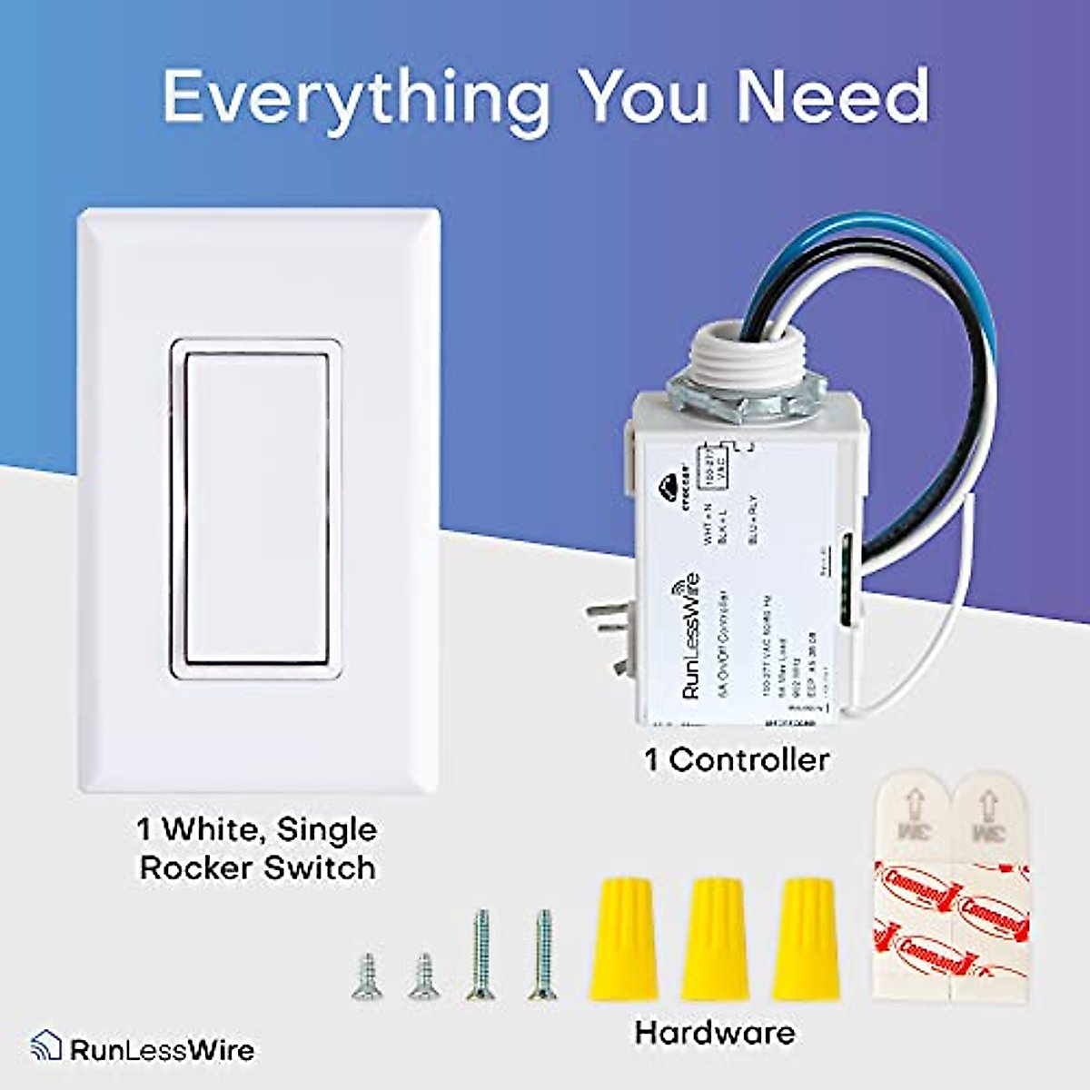 RunLessWire - The Original Self-Powered (NO Batteries) Wireless Light Switch & Receiver Kit, No WiFi Needed, DIY, Remote 150+ft RF Range - Basic: 1 Receiver, 1 Switch - White