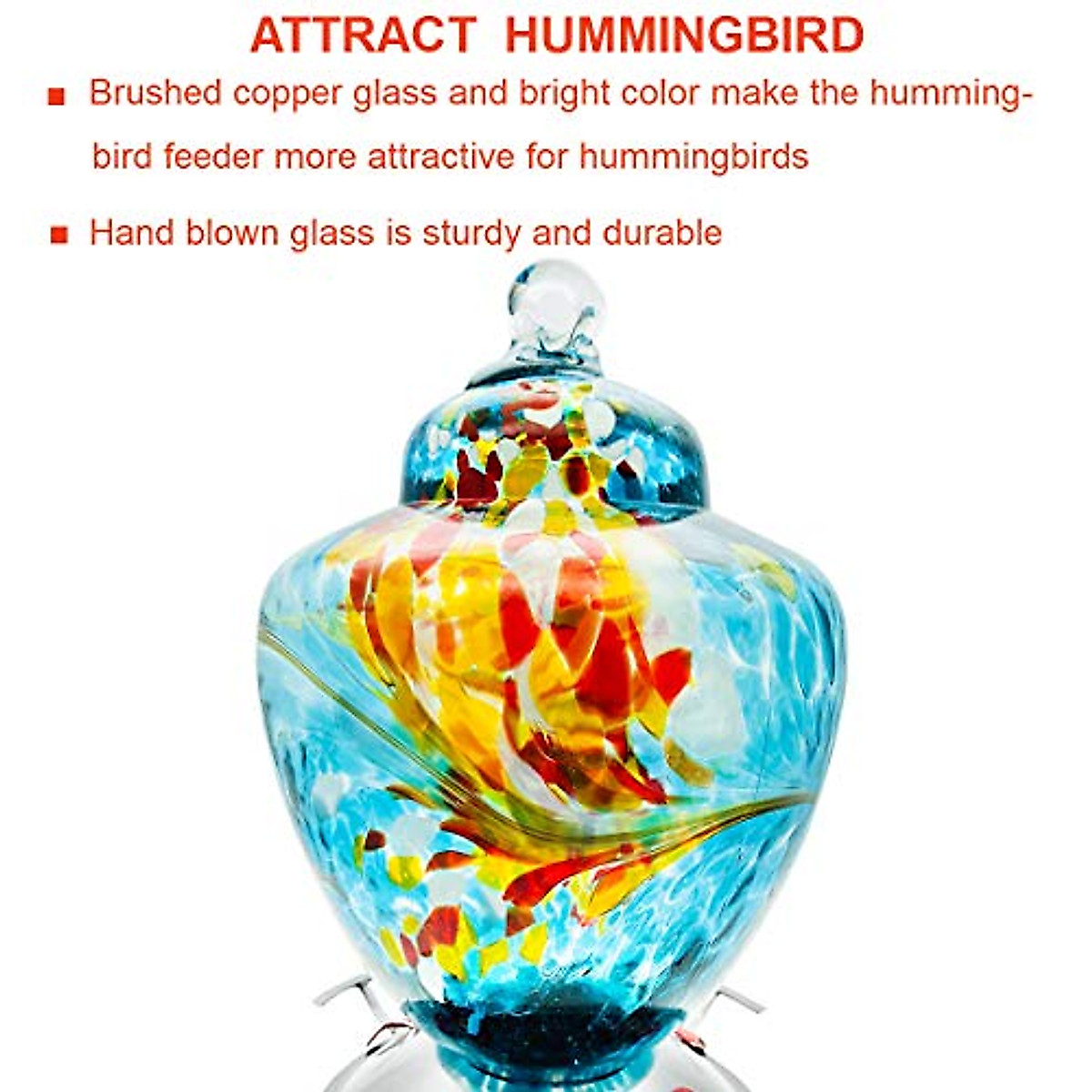 REZIPO Hummingbird Feeder with Perch - Hand Blown Glass - Blue - 38 Fluid Ounces Hummingbird Nectar Capacity Include Hanging Wires and Moat Hook