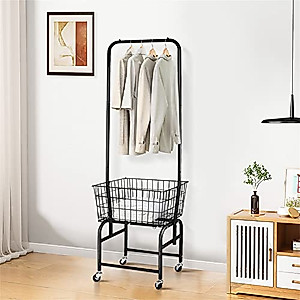 LUSIMO Laundry Basket with Wheels and Hanging Rack Rolling Laundry Cart Garment Rack with Clothes Hamper Easy Assembly Black