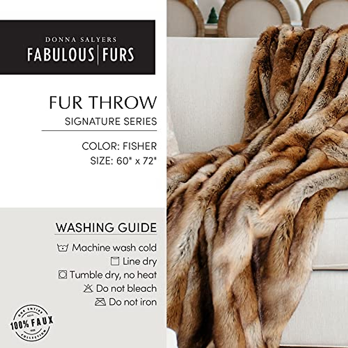 Fabulous-Furs Donna Salyers Couture Mink Faux-Fur Throw Blanket, Soft Blanket, 60x72 in, Fisher