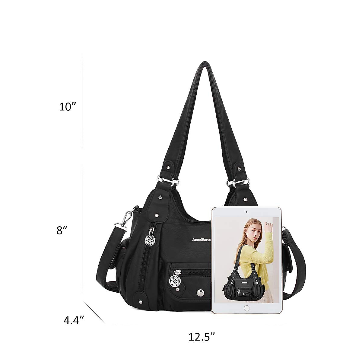 Angel Barcelo Roomy Fashion Hobo Womens Handbags Ladies Purses Satchel Shoulder Bags Tote Washed Leather Bag Black