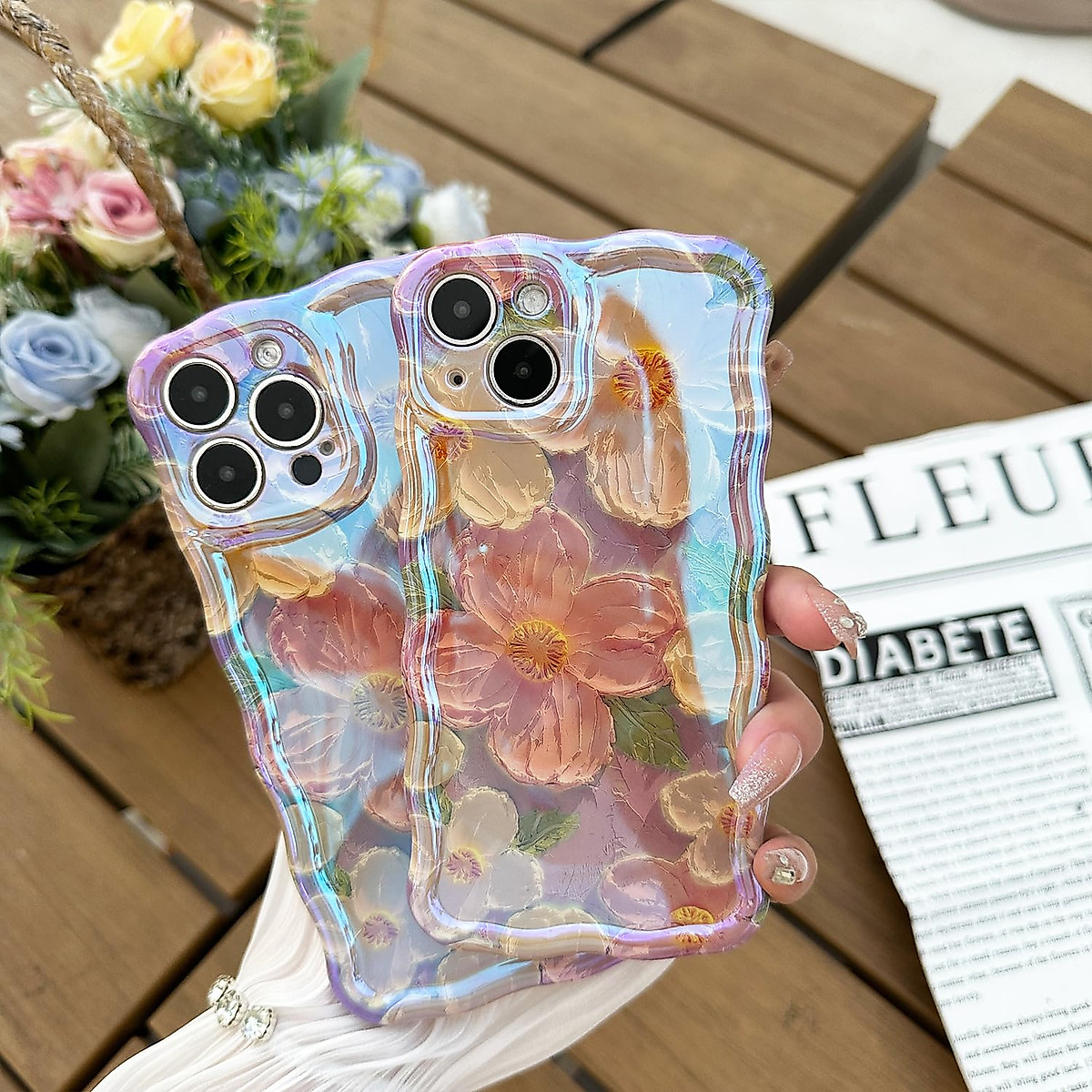 Sayoaho Compatible with iPhone 13 Pro Max Case for Women, Cute Curly Wave Frame Shape, Colorful Retro Oil Painting Flower Laser Beam Glossy Pattern, Compatible with iPhone 13 Pro Max, Pink