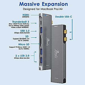 USB C Hub Adapter for MacBook Pro 2020 2019 2018 2017 2016 with 4K HDMI,100W PD 40Gbps Thunderbolt 3, SD/TF Card Reader, 3 USB 3.0, Multiport Dongle for MacBook Air 2020 2019 2018