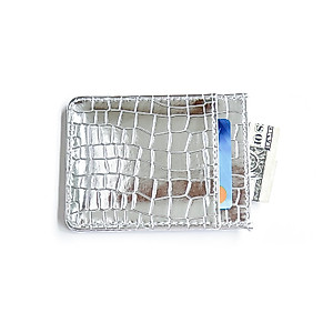 SWEDEY Super Shiny Slim Credit Card Holder Mini Front Pocket Wallet in Mirror Metallic Faux Crocodile pattern (Silver)