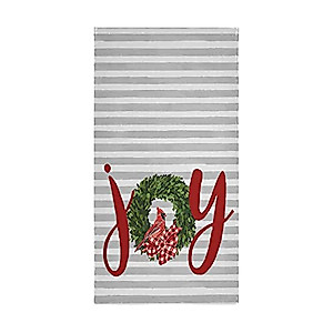 Christmas Wreath Joy to World Hand Bath Towel Winter Cardinal Birds Kitchen Bathroom Faucet Towel White Gray Stripe Fingertip Towel Set Highly Absorbent Guest Shower Towels 16x30 Holiday Decorations