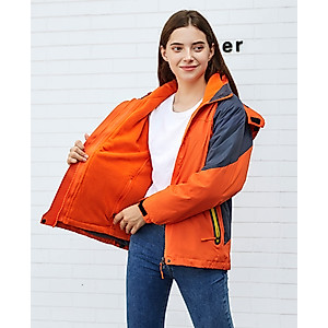 Amxiway Women's Mountain Waterproof Windproof Fleece 3 in 1 Jacket Ski Hooded Rain Coat(Orange,L)