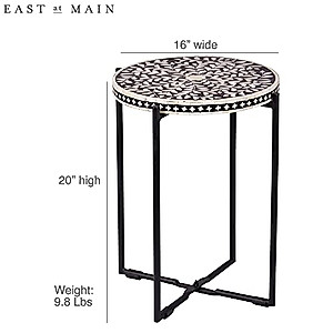 East at Main Round Side Table - 16”w x 20”h Wooden Floral Top, Metal Legs, Handmade Bone Inlay Circular Modern Decor - Collapsible Living Room, Office Farmhouse, Industrial Cocktail Furniture, Black