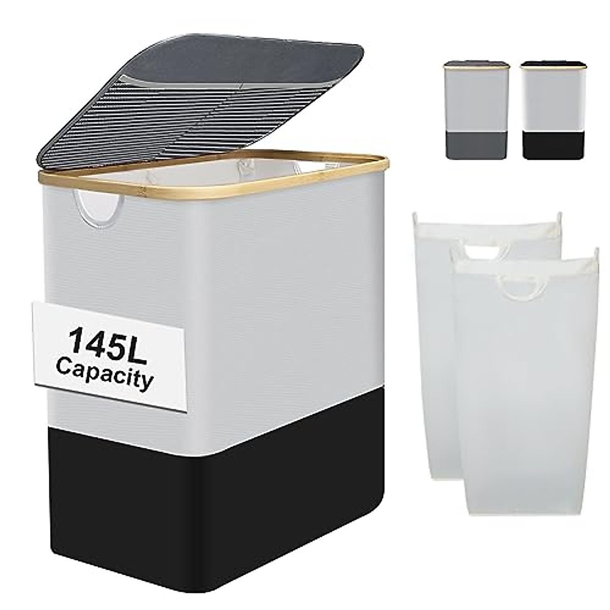 ROPECUBE 145L laundry basket with Lid, Large Foldable Laundry Hamper for laundry with net bag,Clothes Basket Organizer with 2 storage bag for Bedroom and Bathroom (Black and White)