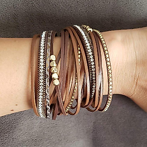 TASBERN Women Leather Wrap Bracelet in Goldplated Metallic Crescents and Crystal Cuff Bracelets for Ladies Christmas Gift (brown leather bracelet for women)