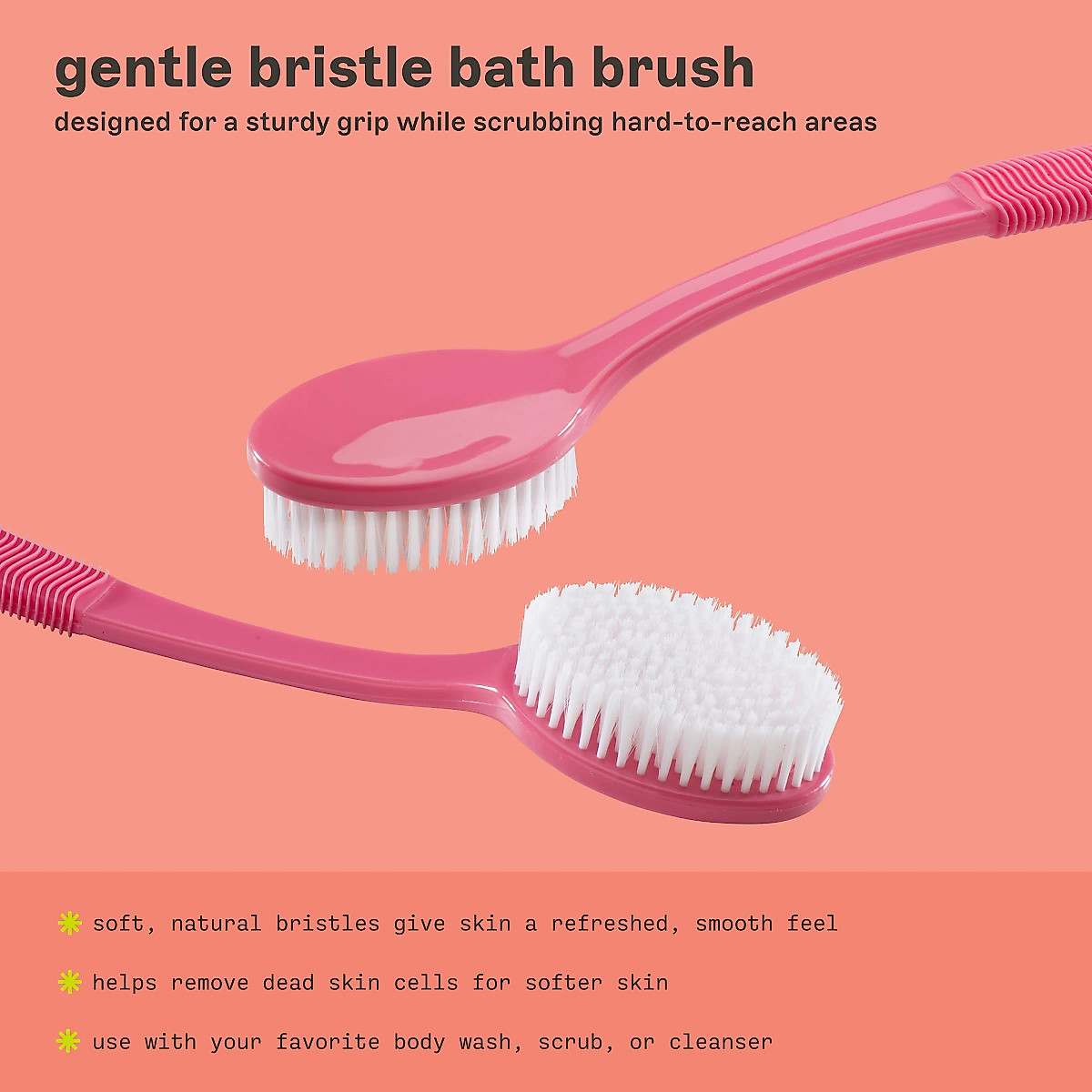 Freeman Gentle Bristle Bath Brush, Soft & Stiff Shower Bristles, Remove Dead Skin, Long Rubber Handle for Gripping, Gently Exfoliating for Back & Body, Stimulates Blood Circulation, 4 Count