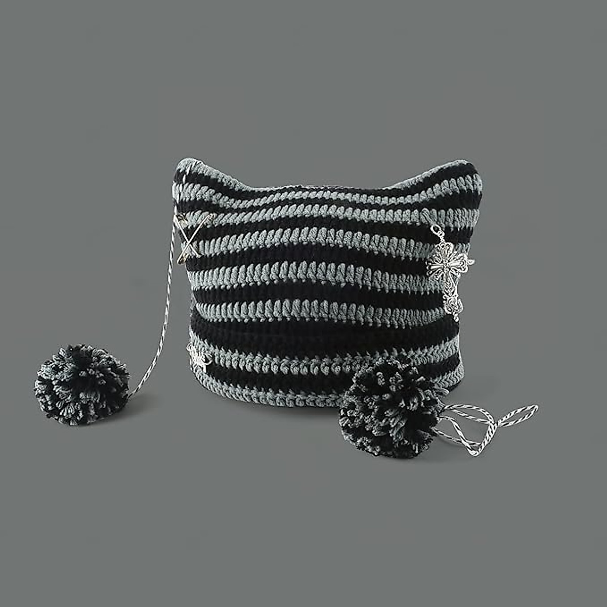 AONUOWE Grunge Beanies Crochet Knitted Hats for Women Girls Fox Cat Ear Goth Emo Alt Y2K Accessories Grunge Clothes (One Size,Grey)