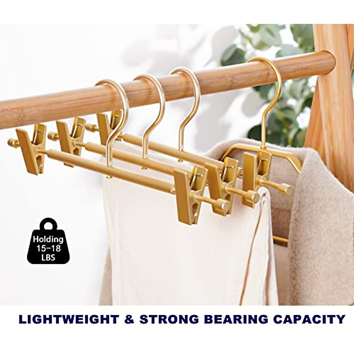 Amber Home Premium Matte Gold Aluminum Pants Hangers 10 Pack, 12.2” Extra Smooth & Durable Metal Skirt Slack Hanger, Light & Sturdy Metal Rack for Trouser with 2-Adjustable Non Slip Clips Swivel Hook