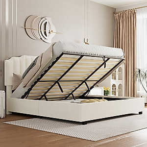 Full Size Bed Frame, Upholstered Lift Up Bed Frame with Button Tufted Headboard, Velvet Platform Bed with Solid Wooden Slats Support, No Box Spring Needed, Beige