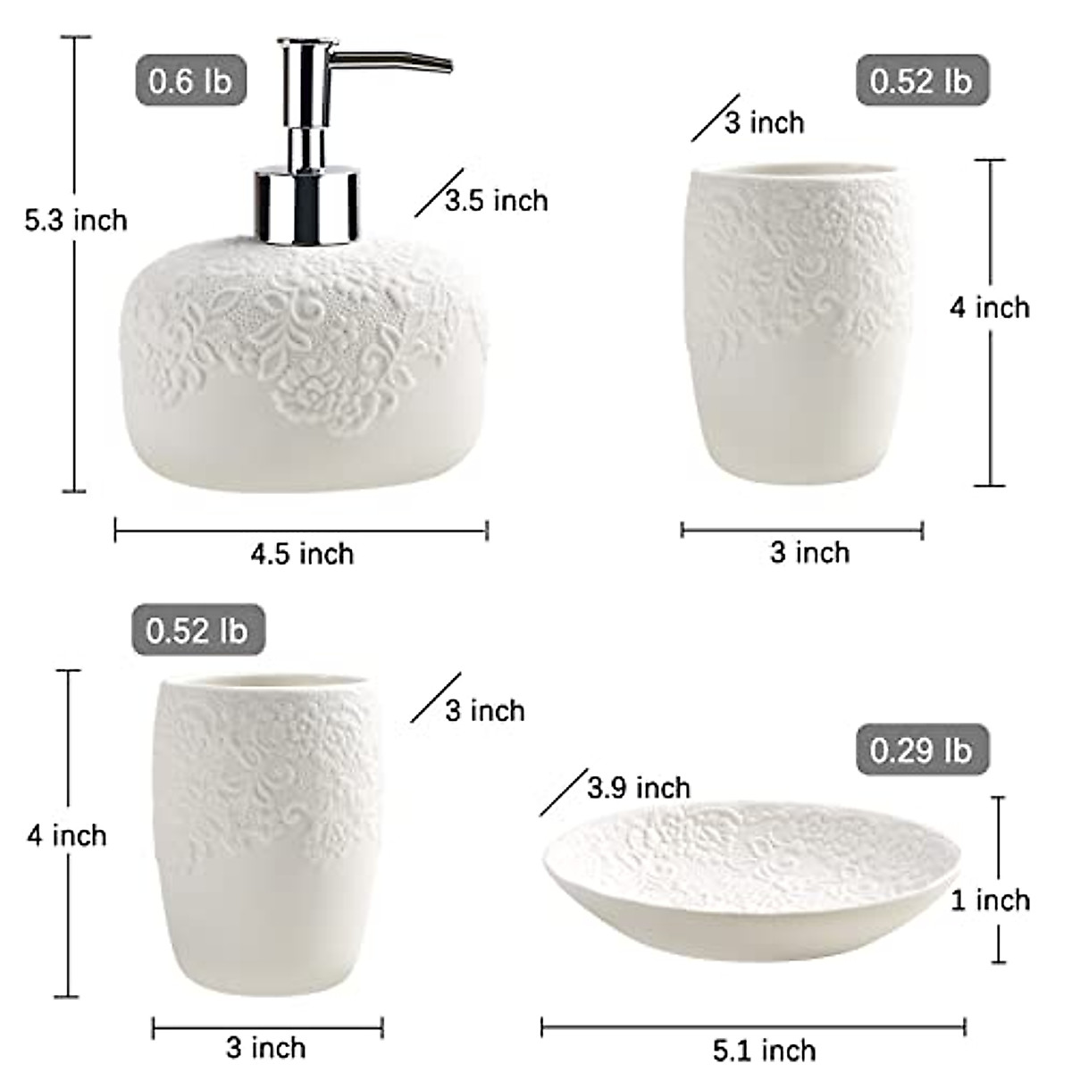 Bathroom Accessories Set with Embossed Design 5PCS, Ceramic White Bathroom Accessory Set, 2Pcs Bathroom Soap Dispenser 14oz, 2Pcs Tumbler Cup, 1Pcs Soap Dish, ANTIS'S HOME