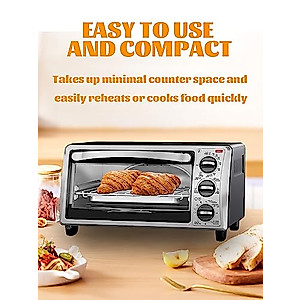 Toaster Oven 4 Slice Countertop - Pizza Oven with Timer, Convection Oven fits a 9 Inch Pizza, for Bake, Broil, Toast, Includes Baking Pan and Rack, Stainless Steel, Silver