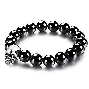 Skullis 0.7" 925 Sterling Silver Carved Skull & Black Obsidian Beads Bracelet, Crystal Healing. (M, Fit wrist size: (171-186) mm)