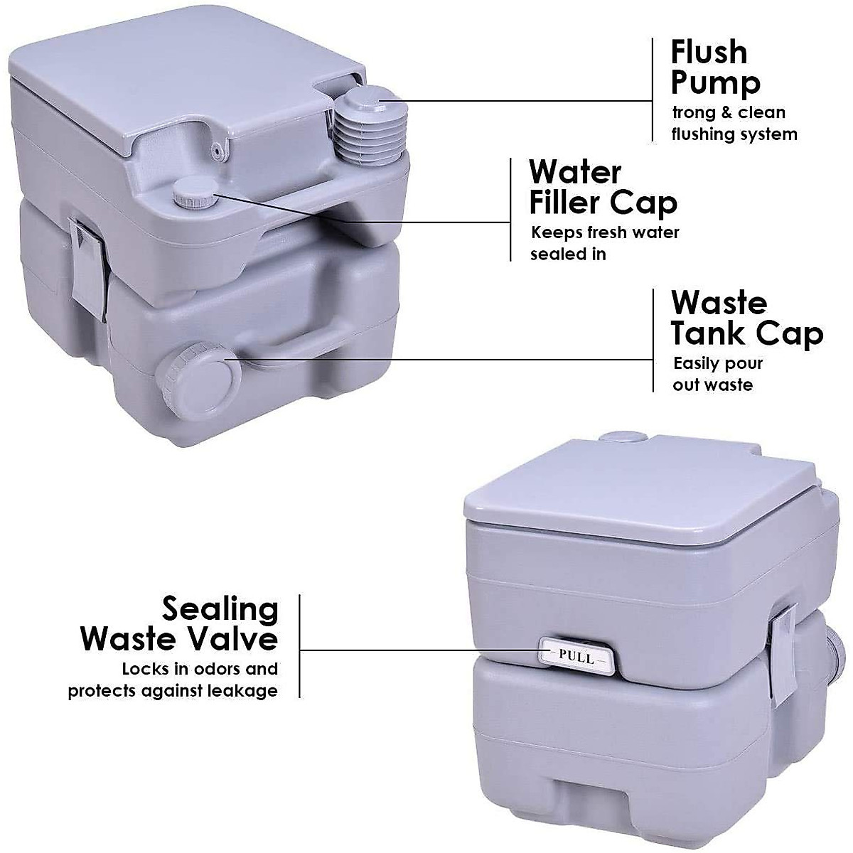 S AFSTAR Portable Flush Toilet Potty Commode 5.3 Gallon 20L for Camping RV, Boating and Other Recreational Activities, Powerful Push Pump Compact Commode w/Waste Tank & Built-in Rotating Spout