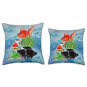 Goldfish Lovers Gifts Fancy Oranda Goldfish Black Moor Ornamental Aquarium Fish Throw Pillow, 18x18, Multicolor