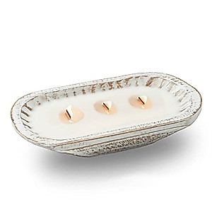 Kiwi Homie 9.06" Wooden Dough White Bowl Candles Wood Hand Poured Soy Wax Candle, Farmhouse Long Dough Bowl Candles for Table, 3 Cherry Wood Wick Candle for Wedding Gift (Cinnamon)