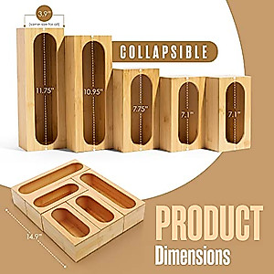 Ziplock Bag Organizer, Drawer Storage, Plastic Sandwich Baggie Holder, 5 Piece, Bamboo, Food Bags Dispenser, Zip Lock Baggy Organization Box for Gallon, Quart, Sandwiches, Freezer, Kitchen, Pantry