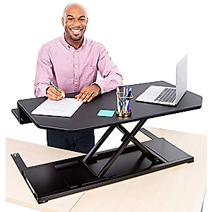 Flexpro Power 40 Inch Electric Corner Desk Converter for Cubicles and L-Shaped Desks with Quiet Height Adjustments, Large Dual Level Sit to Stand Computer Workspace (Black, 44in x 32in)
