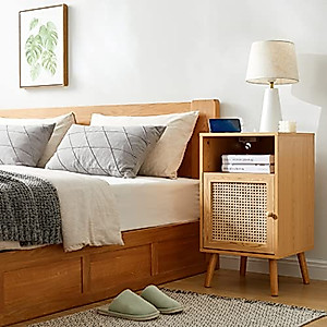 GTOLV Rattan Nightstand with Charging Station, Boho End Table with Handmade Rattan Decorated Door and Pine Legs for Bedroom, Living Room