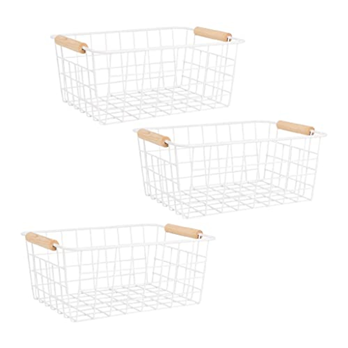 Fvstar 3pcs Wire White Baskets with Wooden Handles,Metal Storage Organizer Bins,Household Refrigerator Basket for Cabinets,Pantry,Shelf,Countertop,Closets,Bedrooms,kitchen