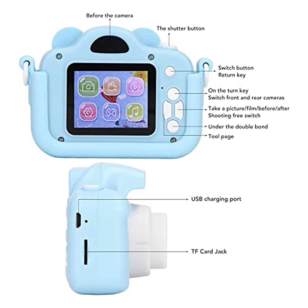 Mini Kids Camera, Dual Camera 2000W Kids Camera Multifunction High Definition with Lanyard for Travel