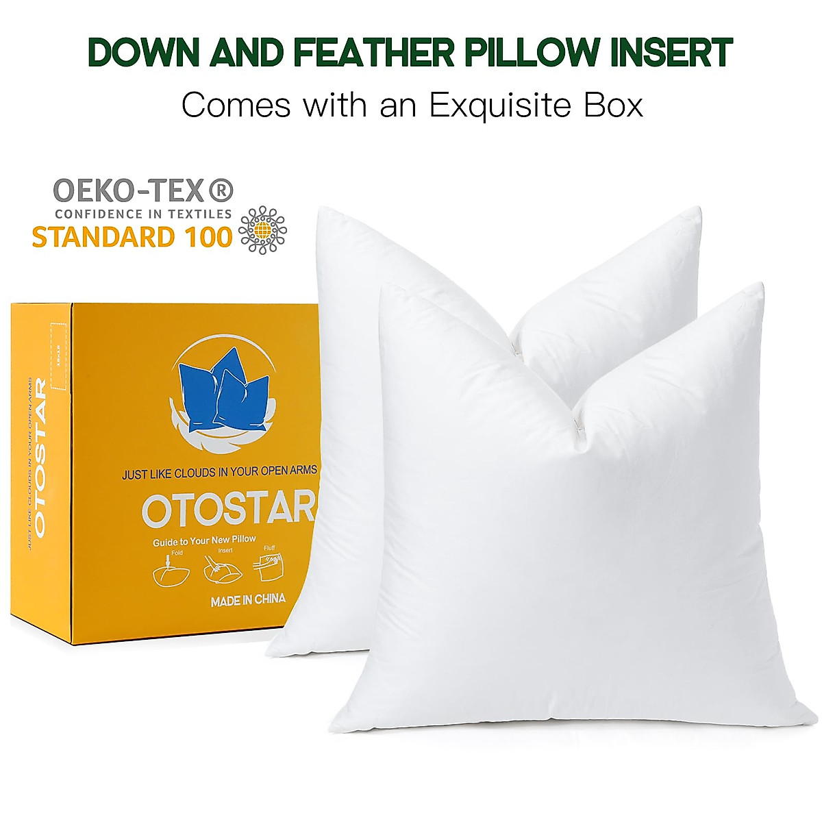 OTOSTAR Pack of 2 Down and Feather Throw Pillow Inserts, 28 x 28 Soft Fluffy Square Pillow Inserts with 100% Cotton Cover Decorative Pillows for Sofa Couch Bed-White