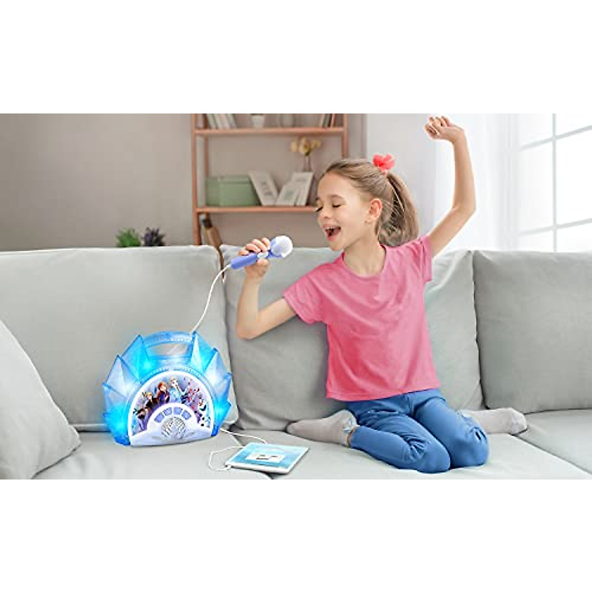 eKids Frozen Sing Along Boom Box Speaker with Microphone for Fans of Frozen Toys for Girls, Kids Karaoke Machine with Built in Music and Flashing Lights , Blue, 3.5mm Audio Jack