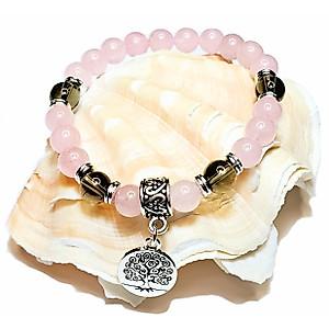 Heart Healing Bracelet with Charm Natural Semi-Precious Stone Beads Rose Quartz + Smoky Quartz Tree of Life Handmade Bracelet USA HANDMADE