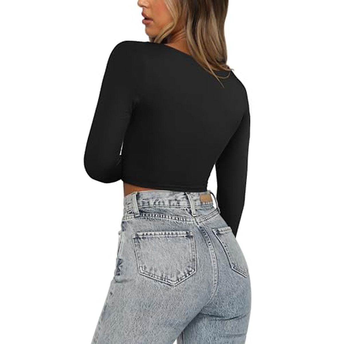 REORIA Women's Fall Sexy Casual Deep V Neck Double Lined Long Sleeve Tight Tops Tees Slim Fitted Cute Y2K Trendy Going Out Party Crop Top Black Large