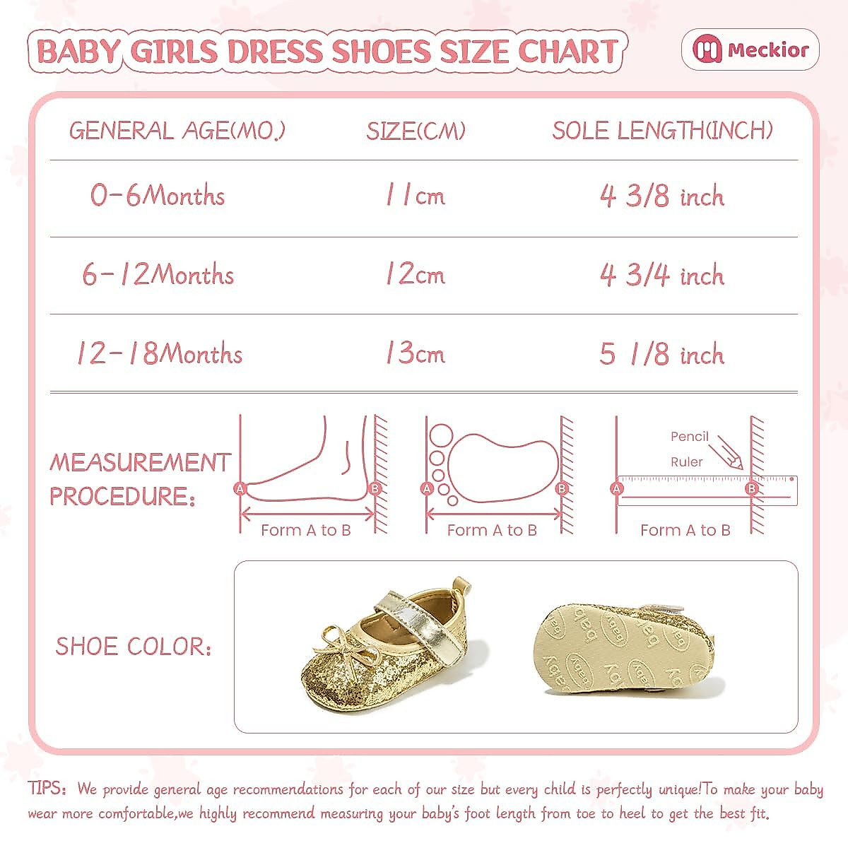 Meckior Infant Baby Girls Soft Sole Bowknot Princess Wedding Dress Mary Jane Flats Prewalker Newborn Light Baby Sneaker Shoes
