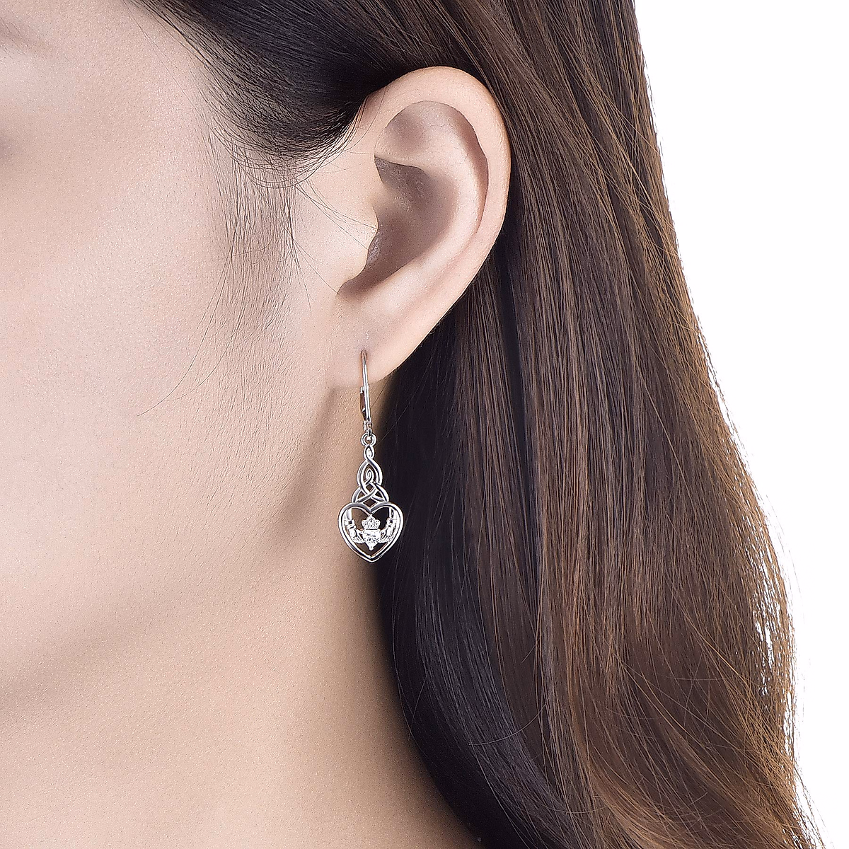 JO WISDOM Women Earrings,925 Sterling Silver Irish Celtic Claddagh Love Heart Drop & Dangle Leverback Earrings with 5A Cubic Zirconia April Birthstone