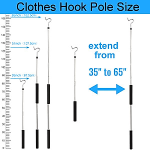 Frebuta Clothes Hook Pole, 35" to 65" Long Clothes Rack Hook Pole Stainless Steels Soft Sponge Handle Durable & Sturdy Shutters Pole Ceiling Home Lightweight Garment Hook Reach Pole