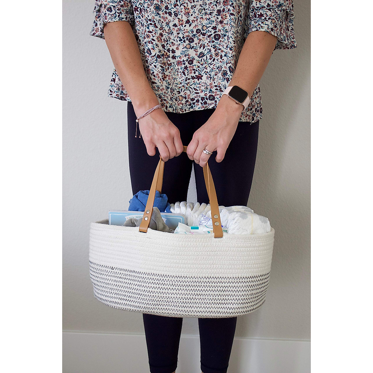 PeachyKehn Rope Baby Diaper Caddy Organizer – Trendy Nursery Storage Bin – Large Woven Cotton Tote with Removable Inserts and Eco Leather Handles – Baby Car Organizer or Shower Gift Basket