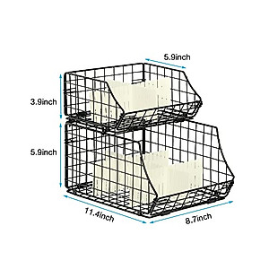 LUMAMU 2-Tier Stackable Wire Baskets for Storage Pantry, Hanging Wall Basket with Removable Dividers Countertop Basket Organizer for Snack Fruit Veggies Canned Food, Black