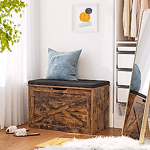 VASAGLE Padded Shoe Bench with Cushioned Seat, Storage Chest Cabinet, Barn-Door Style, 15.7 x 29.9 x 18.9 Inches, Rustic Brown