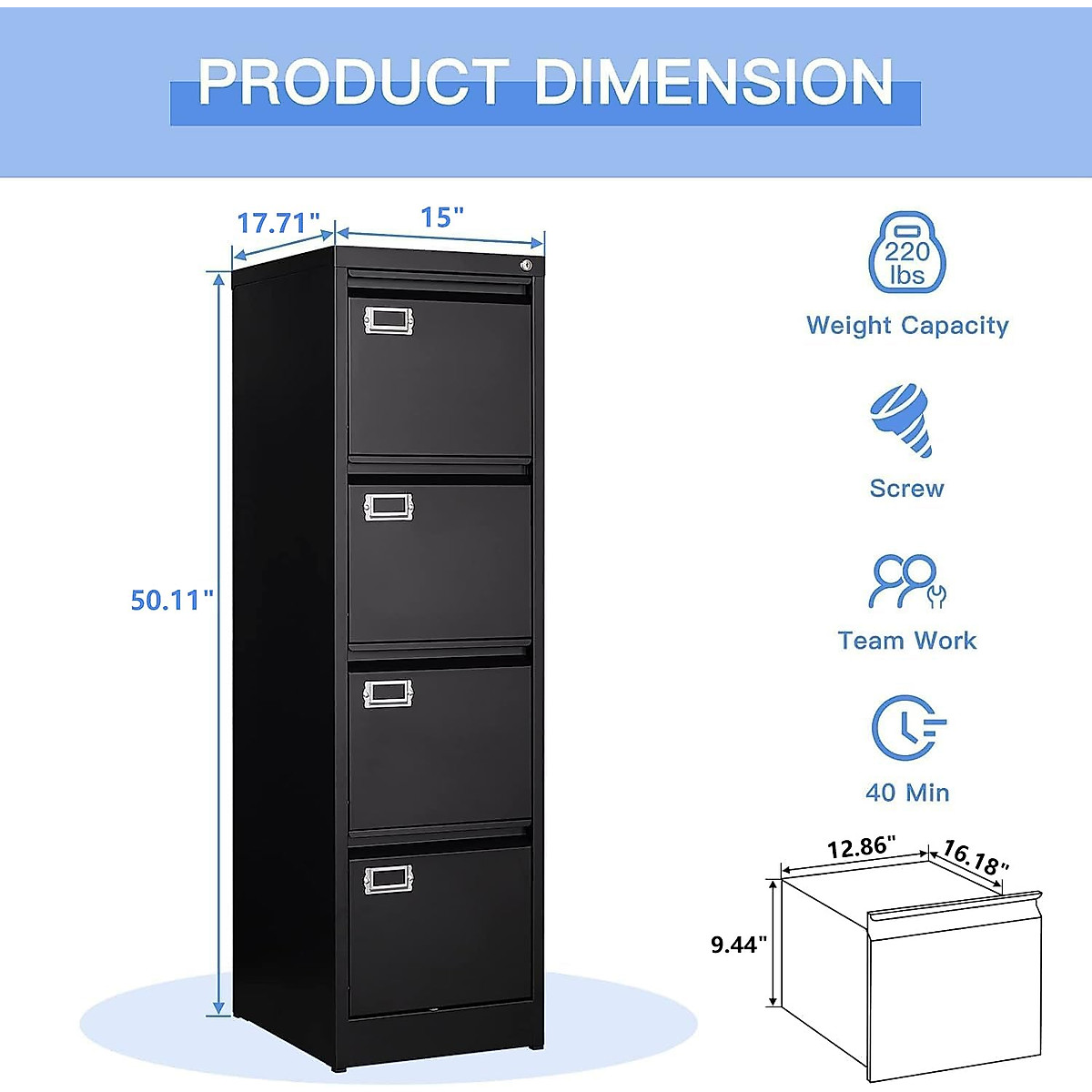 Yizosh 4 Drawer Black File Cabinet with Lock, Filing Cabinets for Home Office, Metal Locking Office File Storage Cabinets with Drawers, Vertical Small Filing Cabinet Organizer for Legal/A4